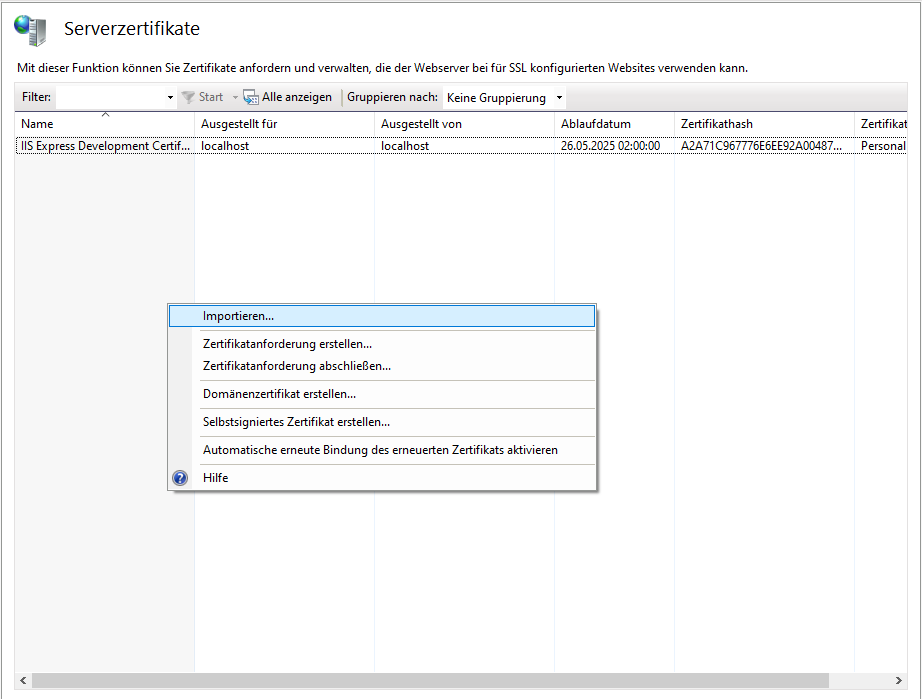 Zertifikat in Form eines PFX erstellen und einspielen