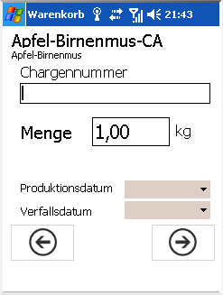 Chargennummer-/Mengeneingabe (Bedienung SmartCenter Warenkorb)